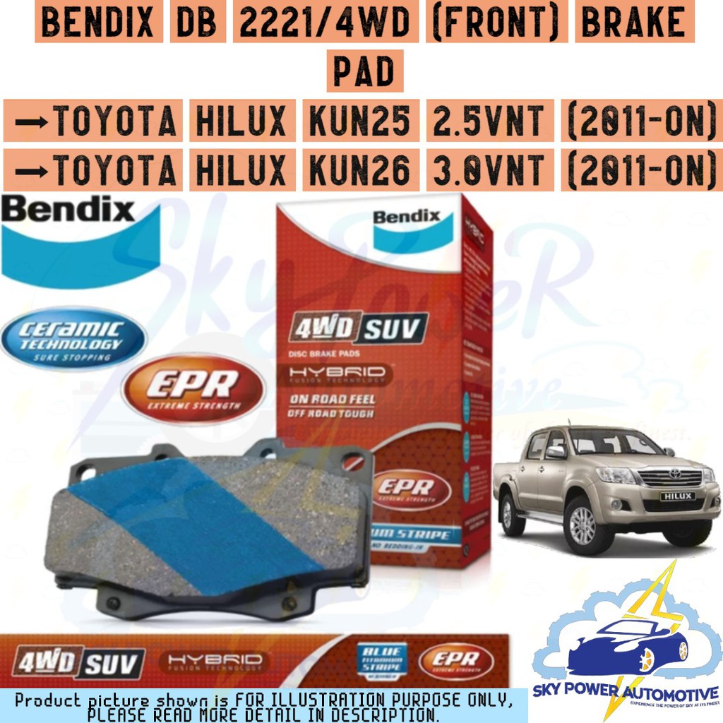 TOYOTA HILUX (KUN25/KUN26) FRONT DISC BRAKE PAD (DB2221/4WD) BENDIX 4WD ...