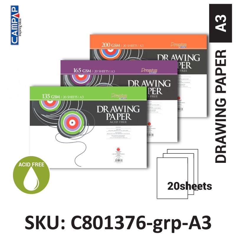 A3 Campap Drawing Paper - 20sheets 135, 165, 200gsm (ACID FREE ...
