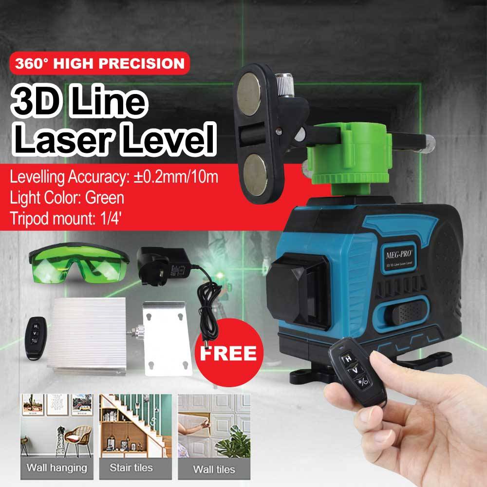 Meg Pro 12LINE 3D LASER LEVEL LIGHT 360° HIGH PRECISION with 1/4 ...