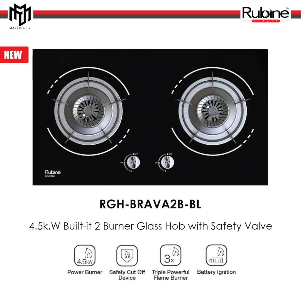 Rubine RGH-BRAVA2B-BL Built-in Glass Gas Hob 2 Burner 4.5kW 76cm with ...