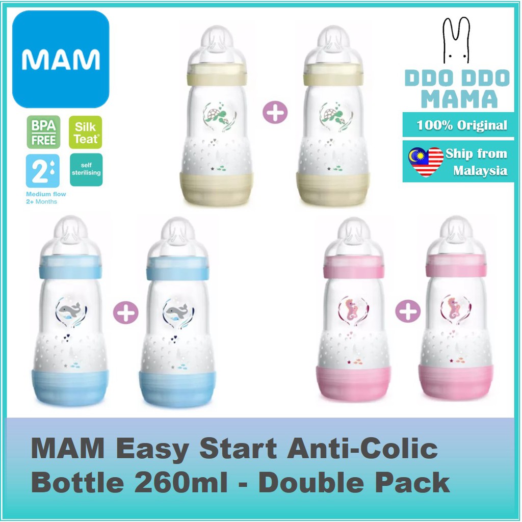 MAM Easy Start Anti-Colic Bottle 9oz/ 260ml - Double/ Twin Pack with size 2 Teat (Ivory/ Pink ...