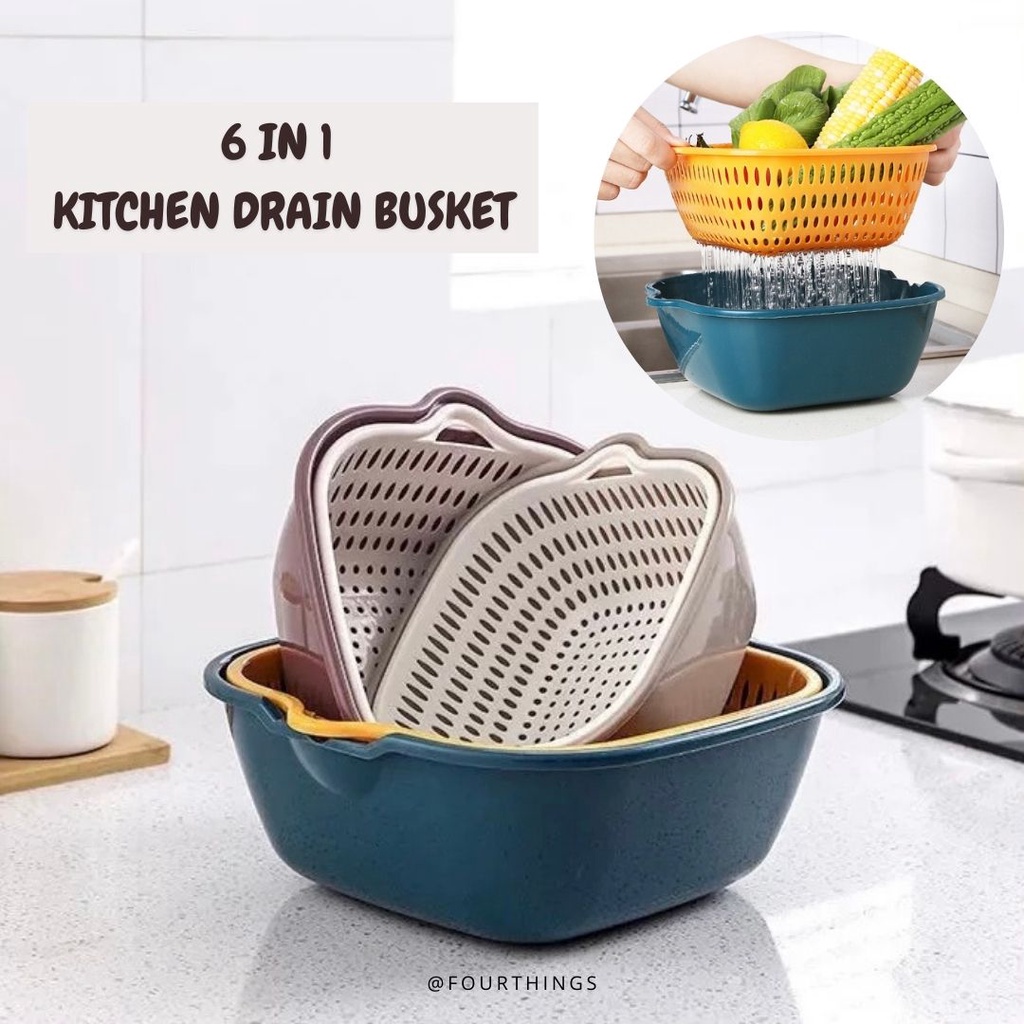 Kitchen Drain Basket Wash Fruit Vegetable Drain Wash Basket Double ...