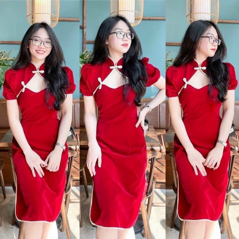 Red dress with Chinese neckline cut out chest | Shopee Malaysia