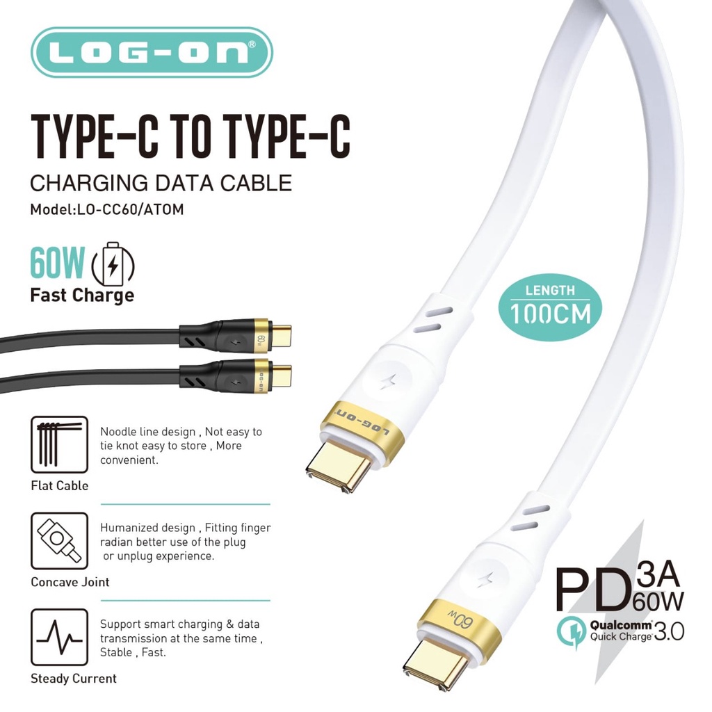 Log ON Cable USB C TO USB C PD2.0 60W Fast Charging (20V 3A) Lo-CC60 ...