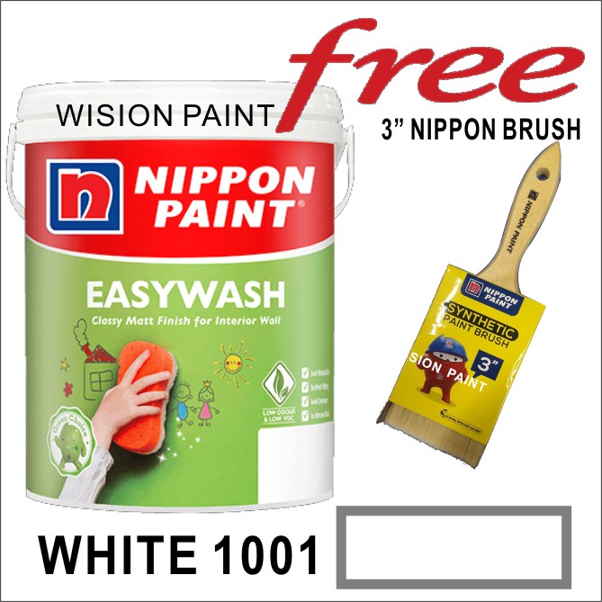 18L WHITE 1001 Nippon Easy Wash ( free nippon brush 3 inchi ) Interior paint matt finish ...