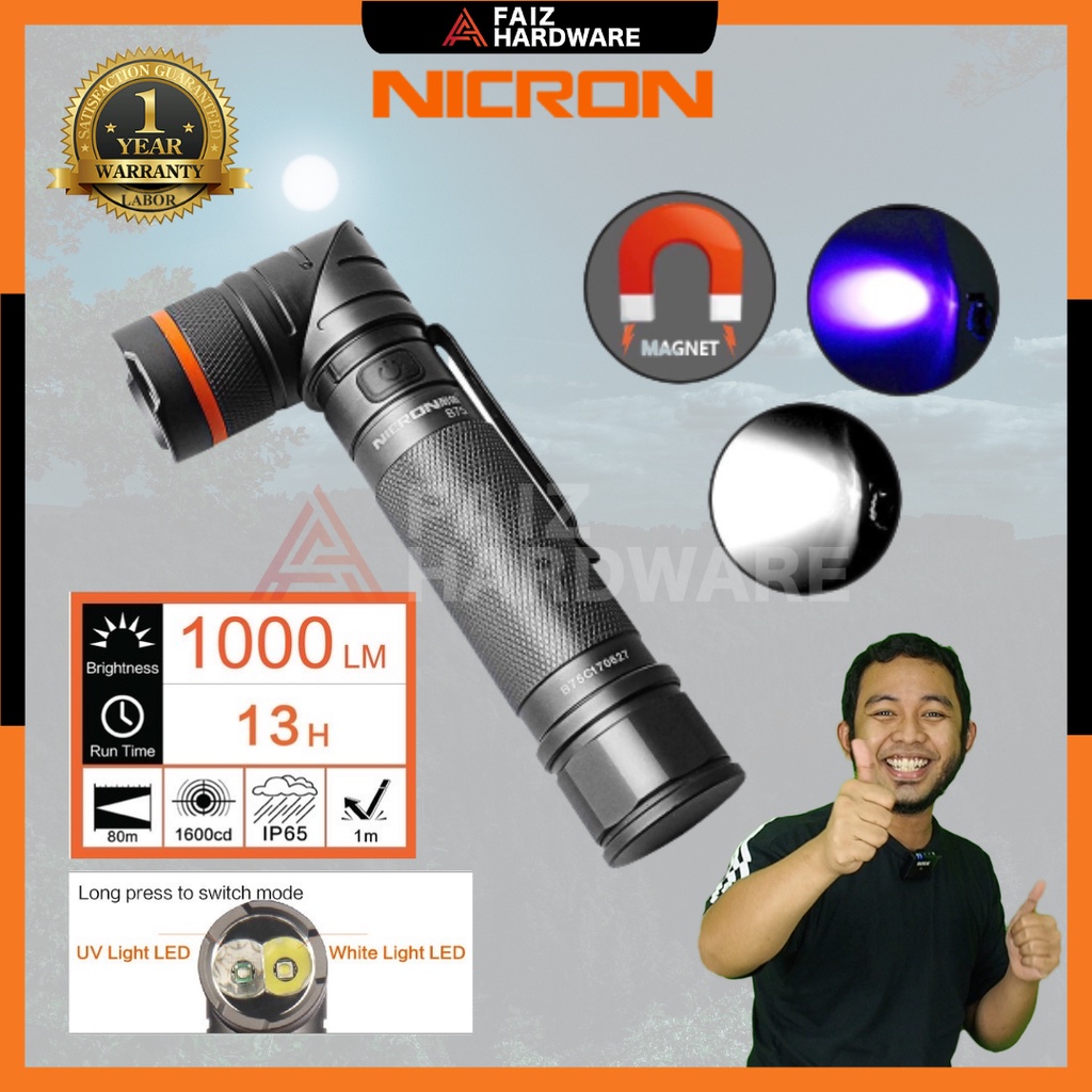 [NICRON] B75 Magnet 90Degree TWIST (UV/White) 2 Color LED Rechargeable ...