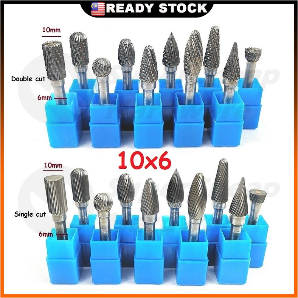 10pcs 10x6mm Tungsten Carbide Burr 6mm Single Cut Double Cut Rotary ...