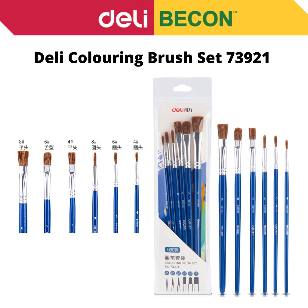 Deli Colouring Brush Set 73921 6's 3 Round 3 Flat | Shopee Malaysia