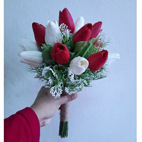 Ready stock Bunga tangan pengantin murah| Red White Tulip bouquet ...