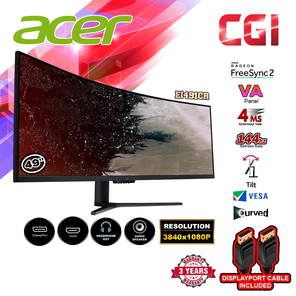 Acer 49" EI491CR VA 144Hz 4ms 3840 x 1080 FreeSync Curved Gaming ...