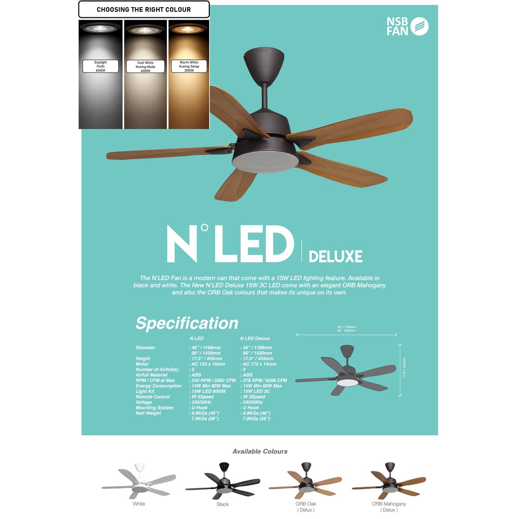 NSB LED Fan Deluxe 56inch LED Lights 3 Colours 5 Blades Remote Control ...