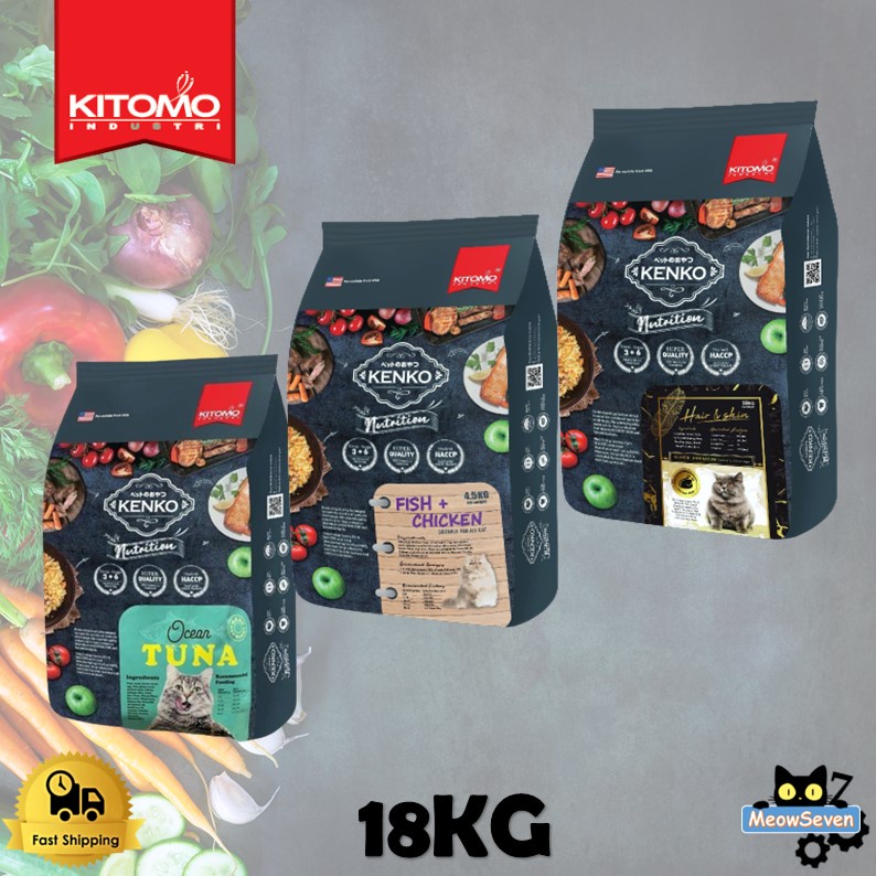 [EXTRA 1KG] Kitomo Kenko Nutrition Cat Dry Food (4.5KG x 4packs)18KG Fish & Chicken, Hair & Skin ...