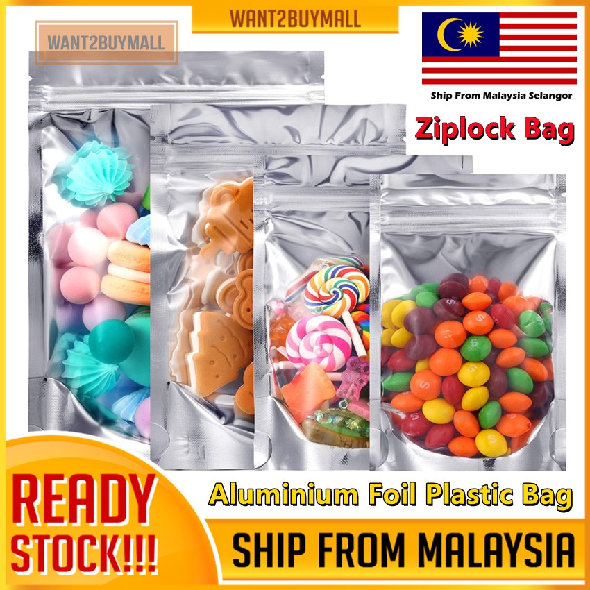 🇲🇾 🏆 50pcs Zip Pouch Silver Aluminum Foil Packaging Zipper Bag Plastic ...
