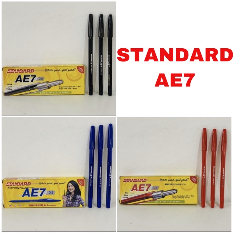 HITAM MERAH Ae7 STANDARD PEN 0.5 MM (BLACK, BLUE, RED) / 1 BOX CONTAINS ...