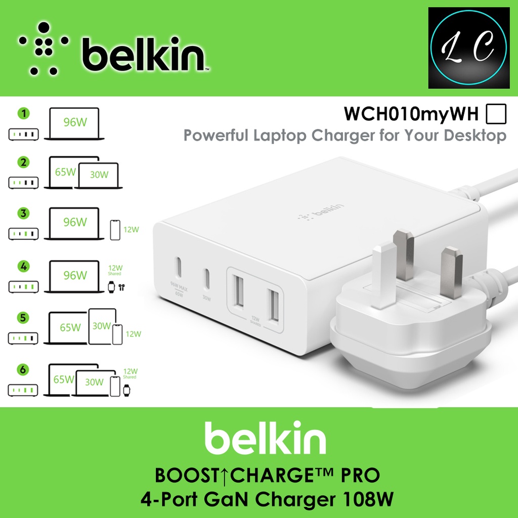 Belkin Original WCH010myWH BoostCharge Pro 4-Port GaN Charger 108W ...