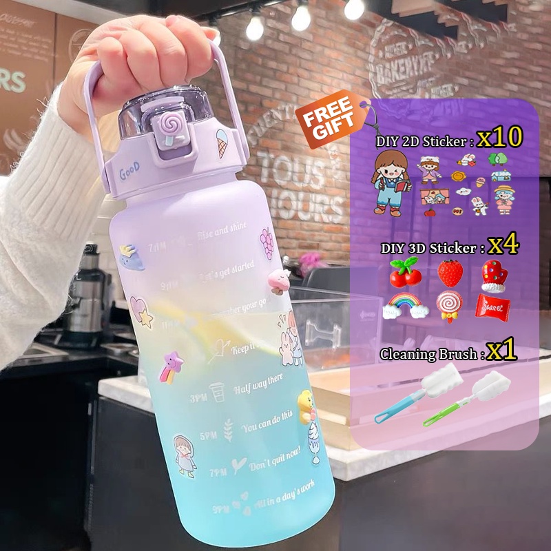 2000ML Botol Air Viral FREE 2D3D Stickers FREE Brush Cute Water Bottle ...
