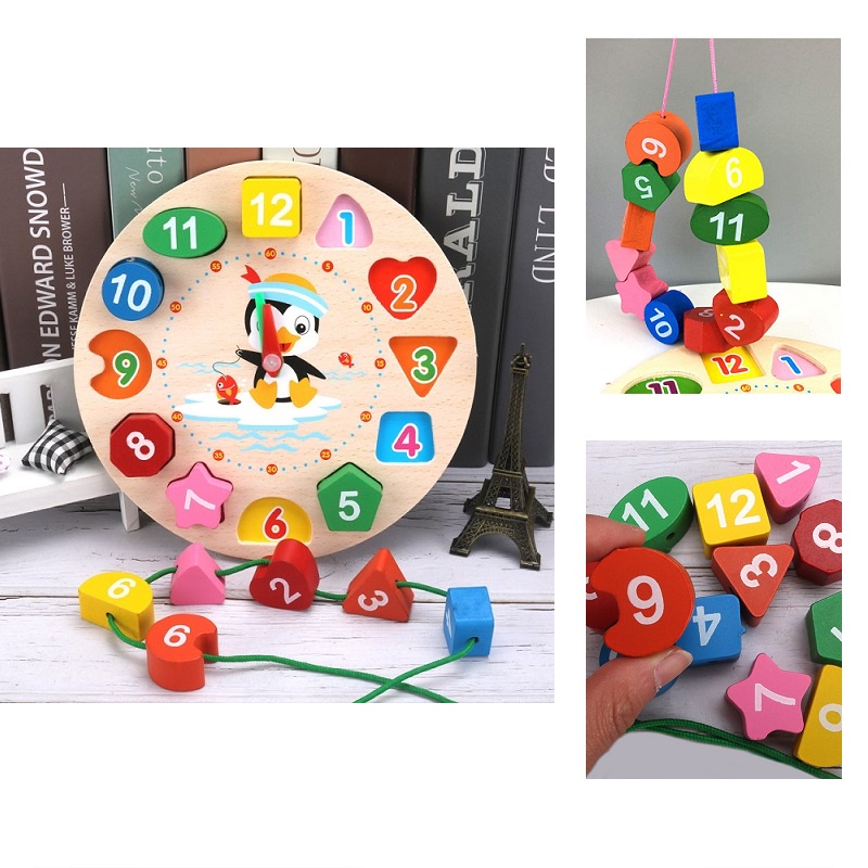 Children Wooden Clock Numbers Shapes Sorting Blocks Wooden Toys Early ...