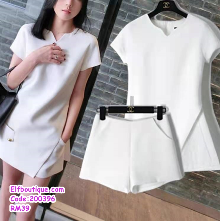 READY STOCK Woman Simple Short Sleeve V-Neck + Short Pants Casual Two ...