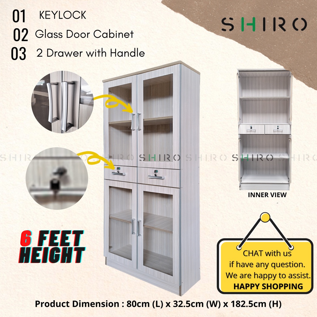 SHIRO Rak Buku 4 Door 2 Drawer / Storage Cabinet Book Shelf Display Cabinet Glass 4 Pintu 2 Laci ...