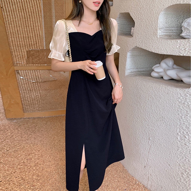 French Niche Design Sense Black Puff Sleeve Split Dress Summer New ...