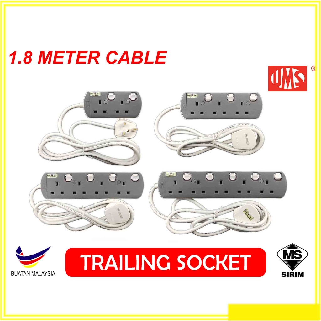 UMS 2/3/4/5 Gang 2 Yard Extension Trailing Socket With Neon Light 1.8 ...