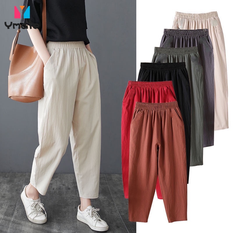 Plus Size Cotton and Linen Pants Women's Retro High Waist Loose Casual ...