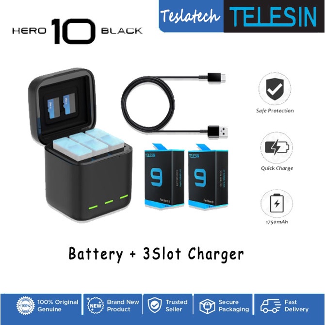 TELESIN 3-Slot Charger + 2PCS Battery for GoPro HERO11 HERO 10 / HERO 9 ...