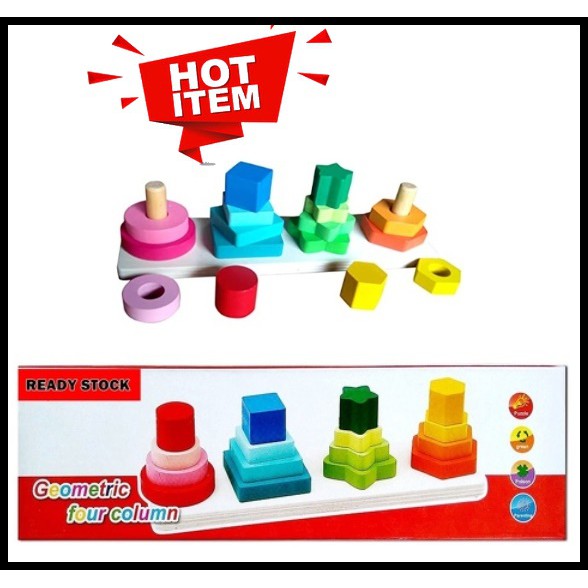(READY STOCK) WOODEN GEOMETRIC BLOCKS BUILDING STACKER SHAPE SORTER ...