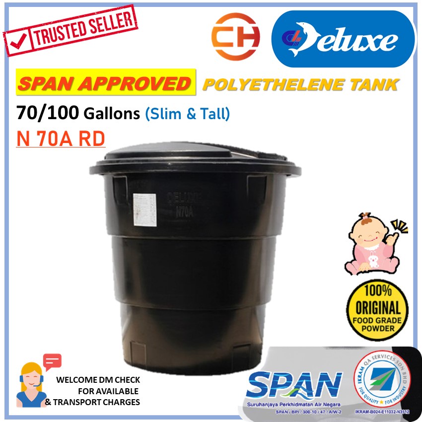 70/100 GALLON DELUXE POLYETHYLENE ROUND (SLIM & TALL) TYPE WATER TANK ...