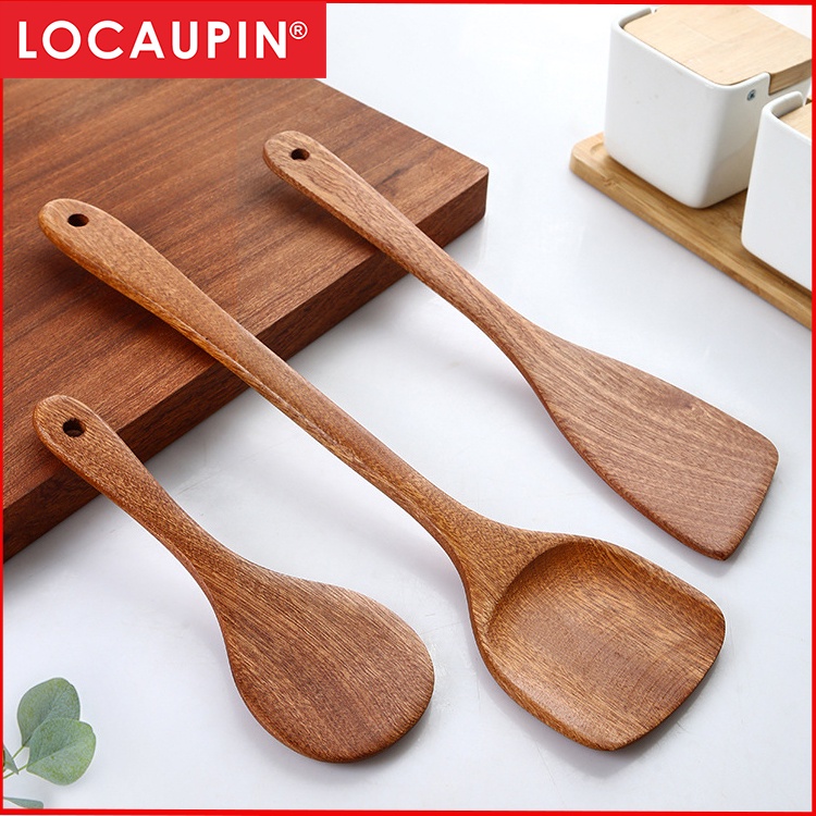 Locaupin Natural Ebony Wood Wok Spatula, Long Handle, Handmade for Non ...