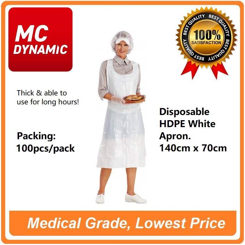 Disposable Plastic Apron (White) HDPE High-Density Polyethylene, 140cm ...