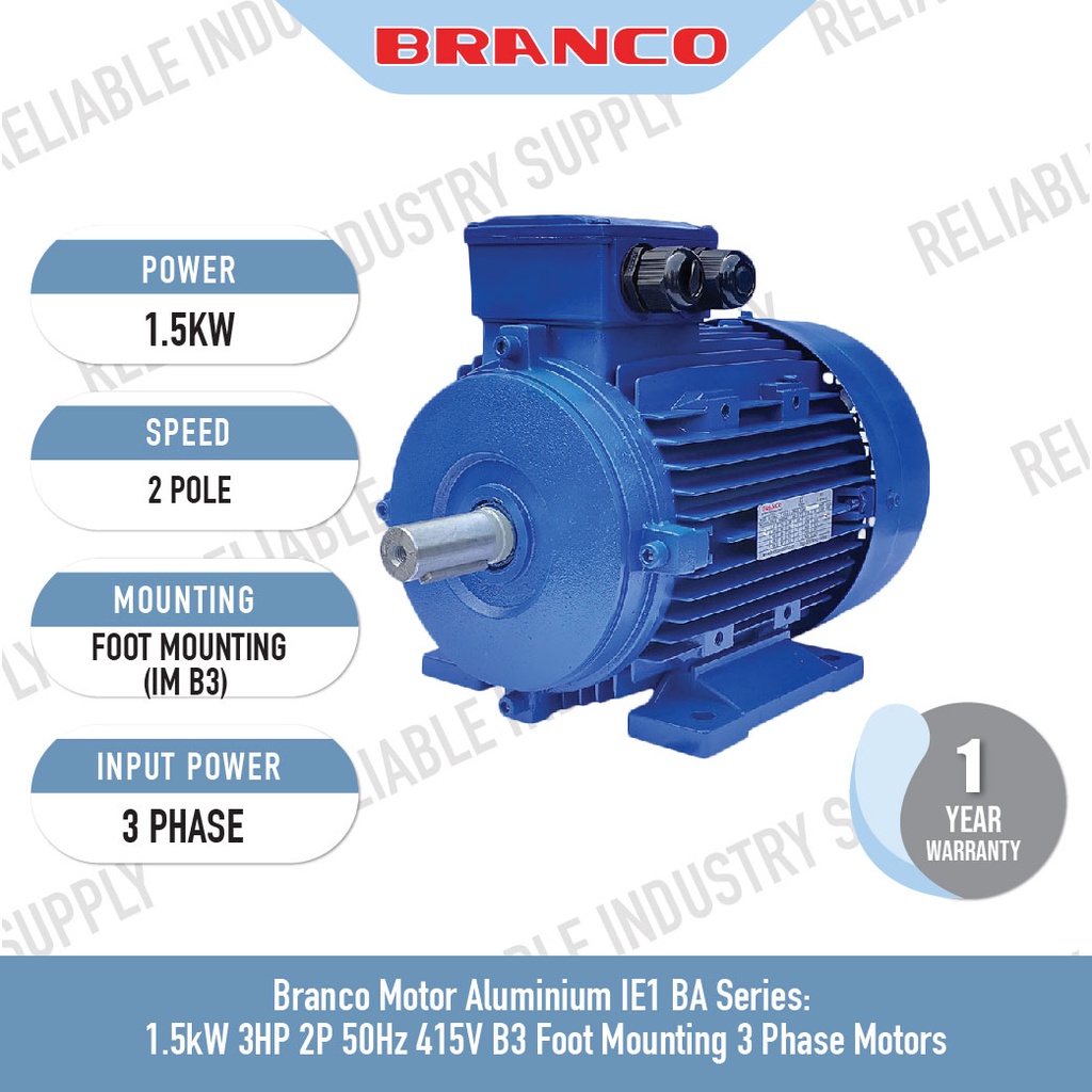 Branco Motor Aluminium IE1 BA Series, 1.5kW (2HP) 2P IP55 415V/3PH/50HZ ...