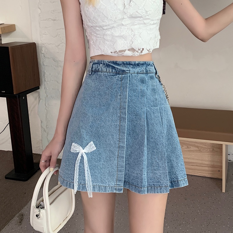 Summer Women's Solid Color Simple Bow Casual Slim Fit Pleated Denim ...