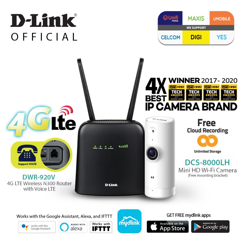 D-Link [Bundle Set] DWR-920V 4G LTE Wireless N300 Router + DCS-8000LH Mini 720P HD WiFi Camera ...