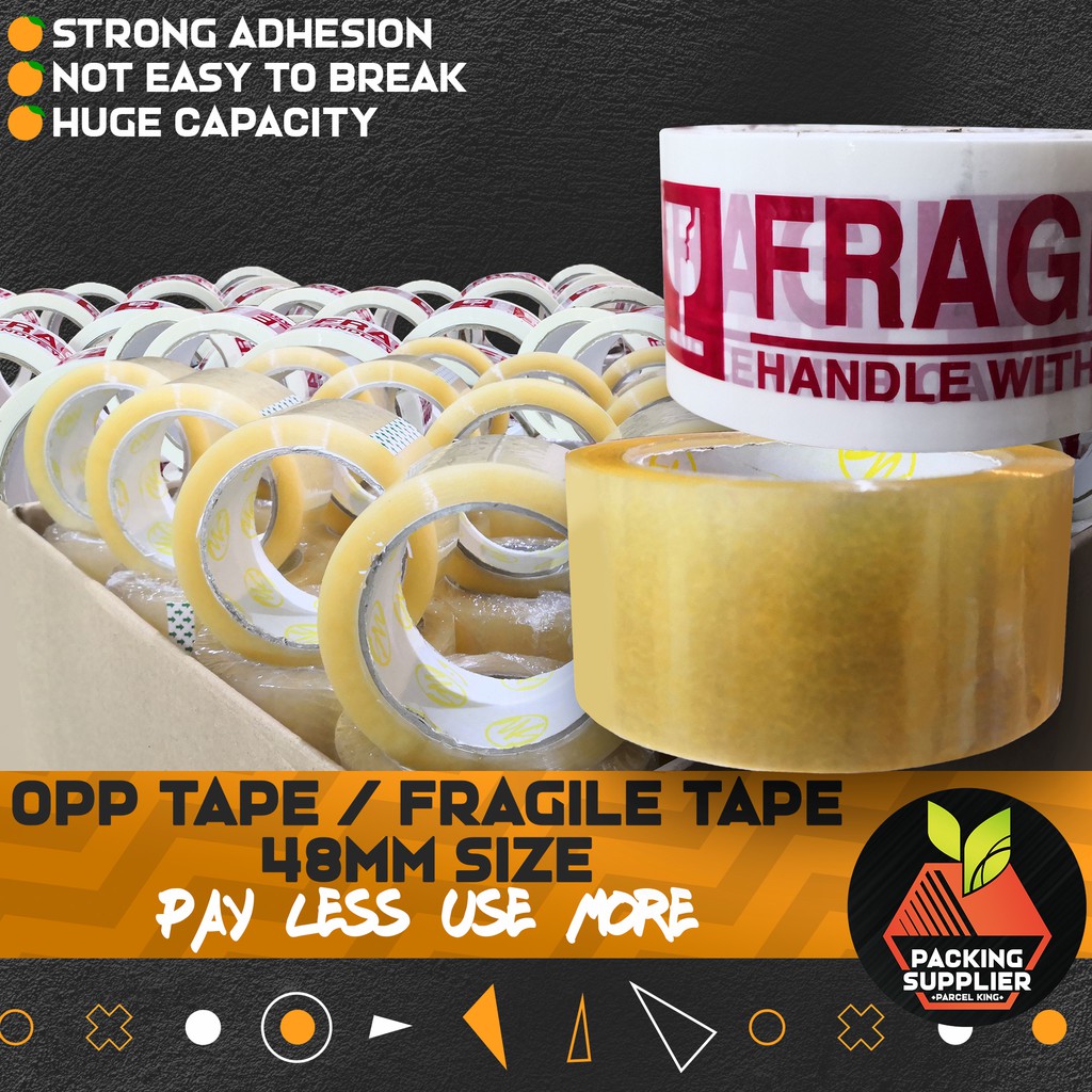 OPP Transparent Tape 23mic 48mm x 90y / Fragile Tape 50mic 48mm x 50m Handle With Care Label ...