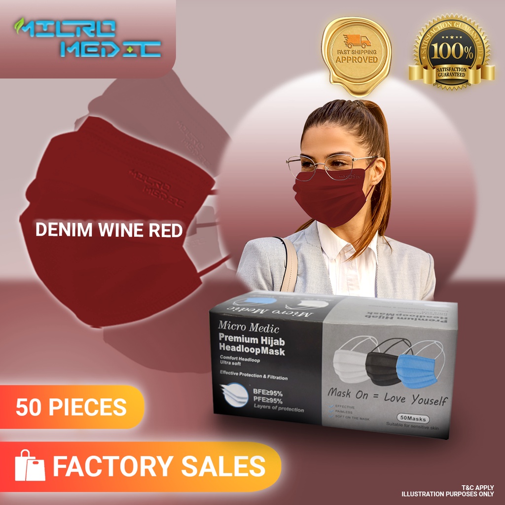 Earloop Denim Wine Red Face Mask 3 ply Hijab Mask Earloop 3ply Adult ...