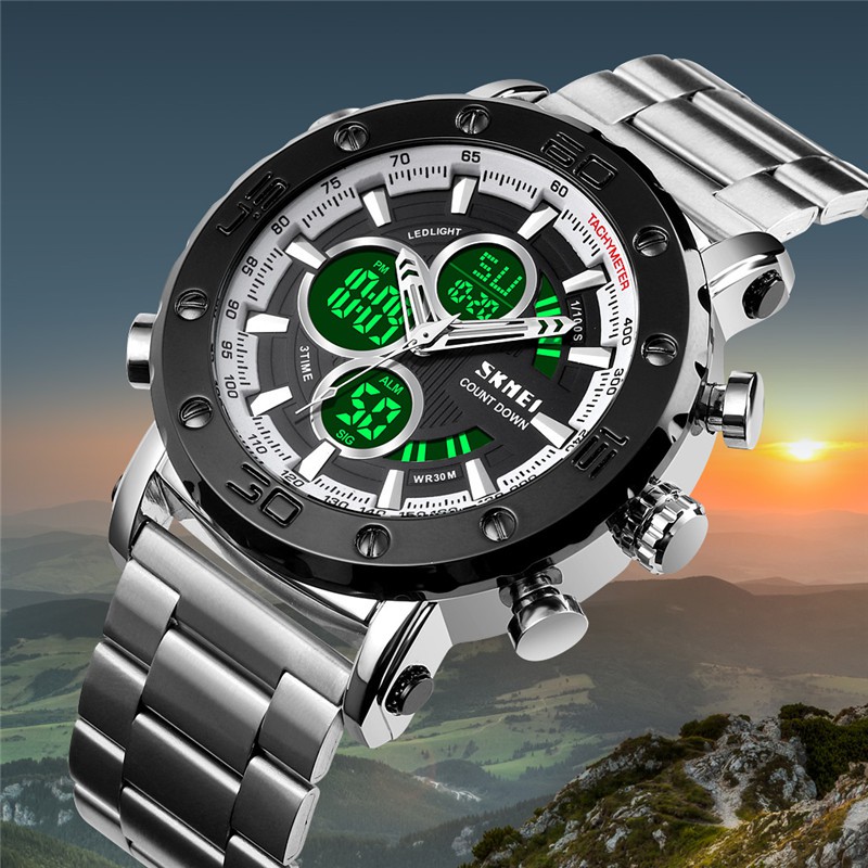 Skmei Fashion Men’s Three Time Zones Watch Analog Digital Display 12/24 ...