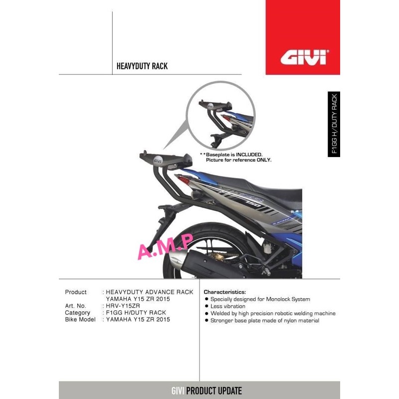 GIVI heavy duty mono rack J rack HRV-Y15ZR Utk Yamaha Y15zr ysuku raja ...