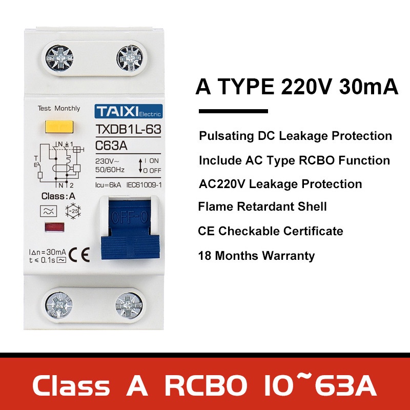 Type A / AC CLASS Rcbo 110V 220V RCCB MCB 10A 20A 40A 50A 63A 30mA 1P+N ...
