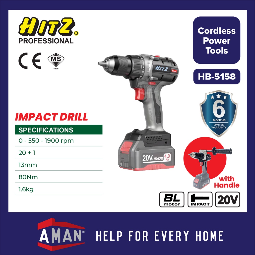 HITZ 20V Impact Drill Cordless Brushless With Handle Rechargeable ...