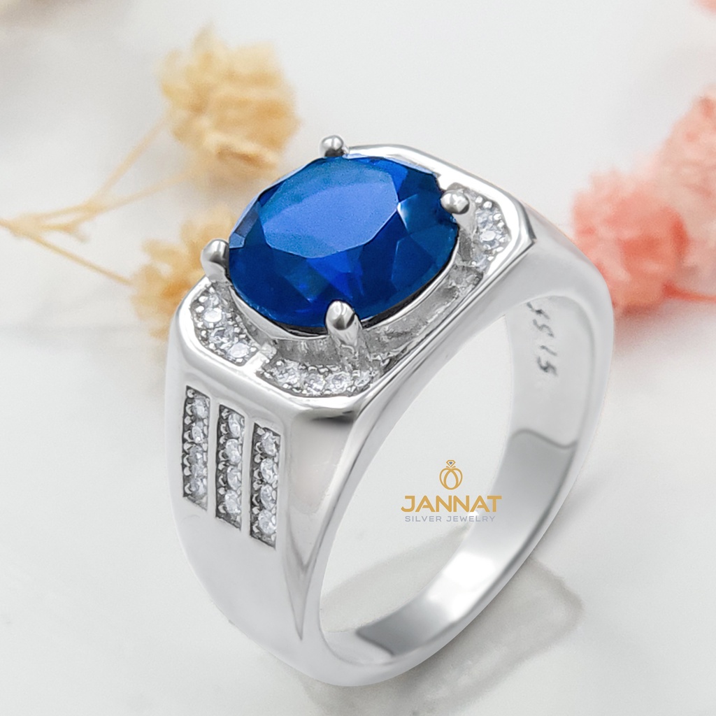 Bugatti Blue 925 Genuine Sterling Silver Engagement Men Ring ( Cincin ...