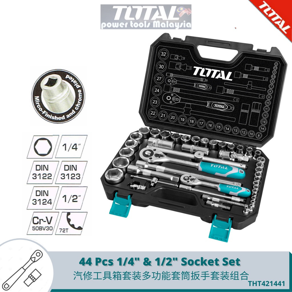 TOTAL 44 Pcs 1/4″ & 1/2″ Auto Repair Toolbox Set Multifunctional Socket ...