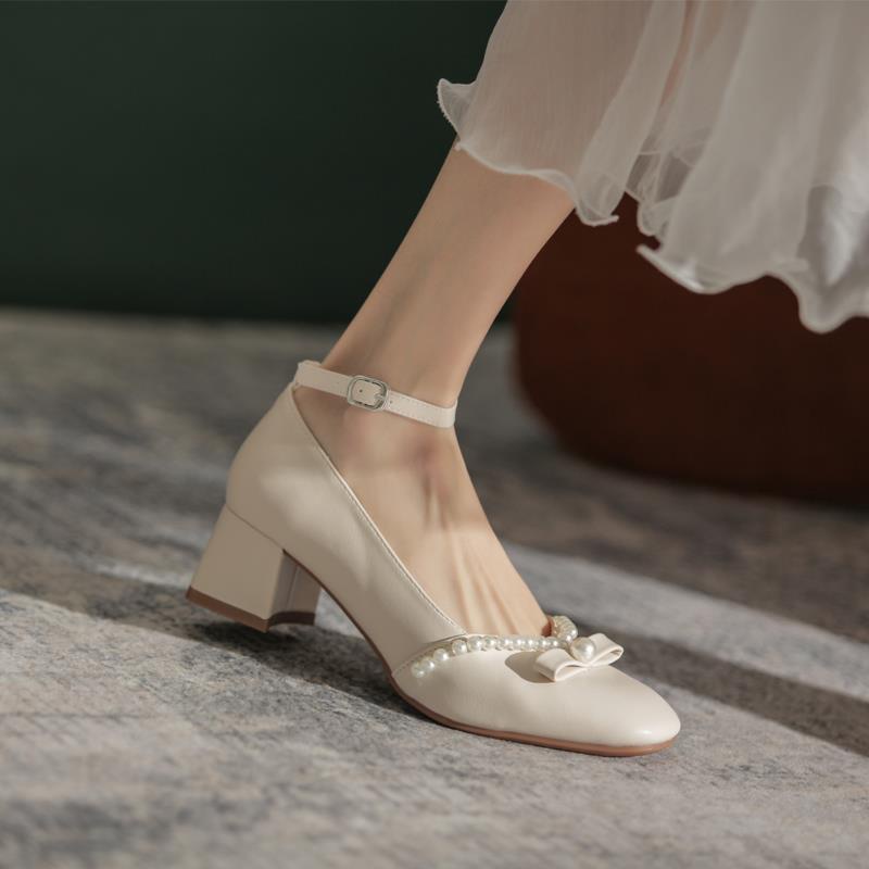 Buckle Chunky High Heels Shoes Women's 2024 New Retro Pearl Mary Jane ...
