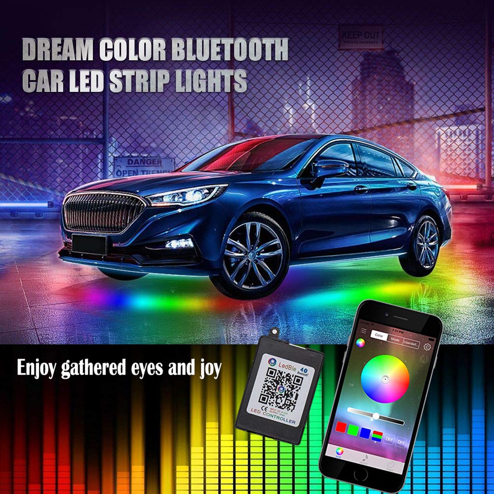 4PCS 12V IP65 Bluetooth App Control RGB LED Strip Under Car 60cm 90cm ...