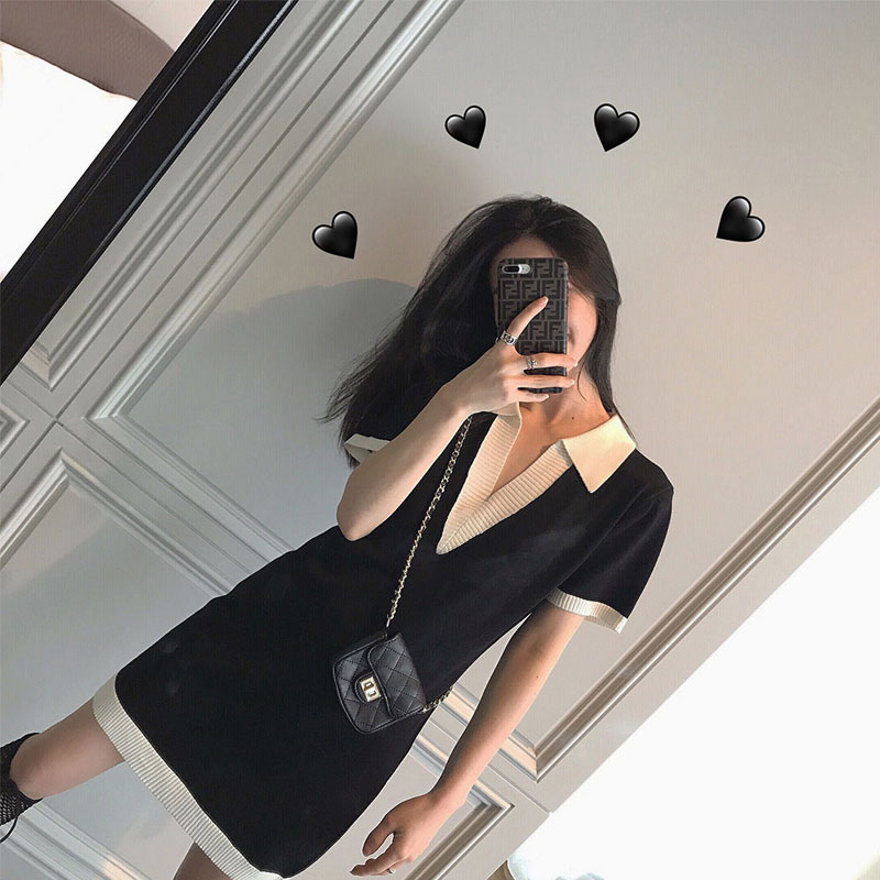 Zuoan Summer New French Dress Retro V-neck Black Knitted Women's Mini ...