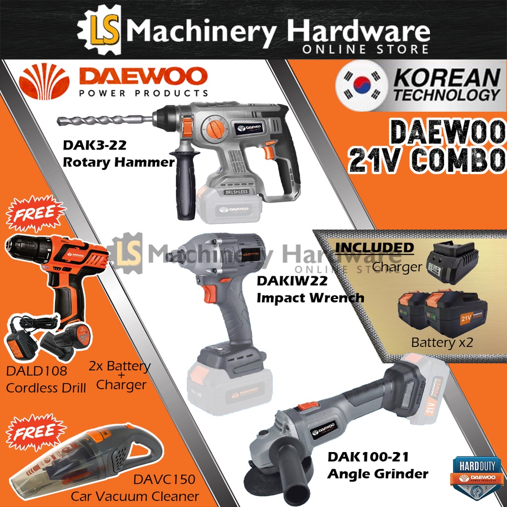 DAEWOO Pro 21V BRUSHLESS MOTOR Cordless Combo Set - Free 1pc Daewoo 12V ...