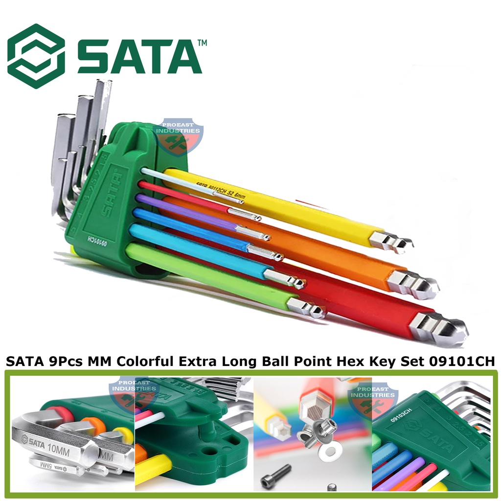 SATA 9Pcs MM Colorful Portable Extra Long Ball Point Hex Key Allen Key ...
