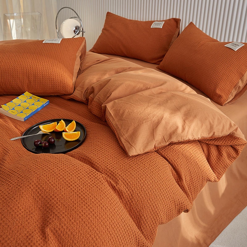 Plain 4 IN 1 Bedding Set Single Queen King Size Solid Color Waffle ...