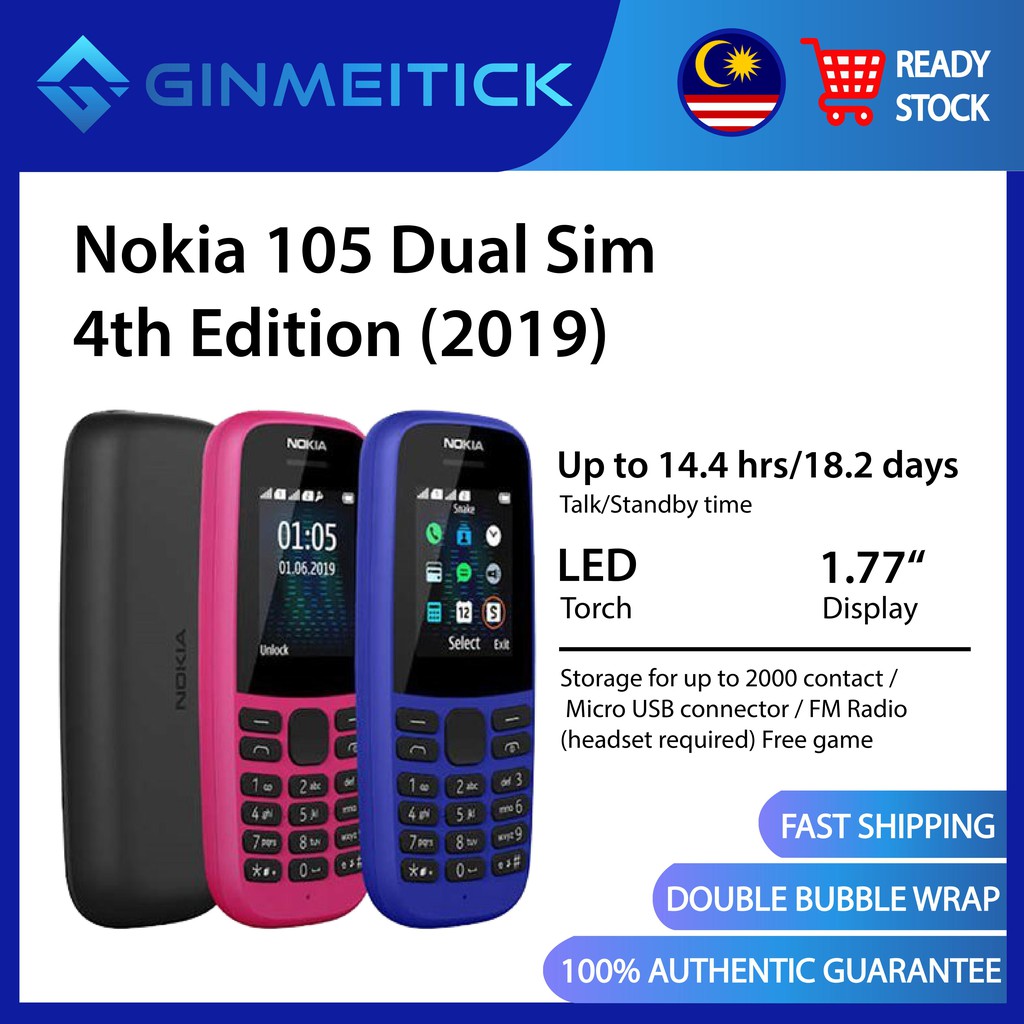 Nokia 105 4th Gen (2019) with dual-SIM card slots Version Long Lasting ...