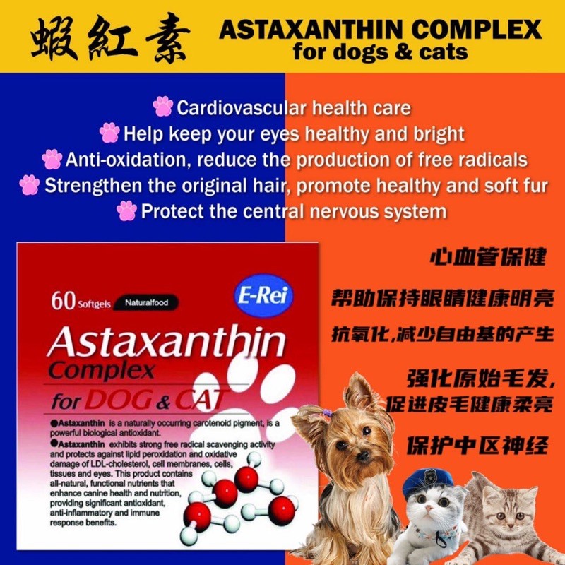 Taiwan E-Rei Astaxanthin Complex for dogs & cats 60 tablets 台湾 益瑞複方蝦紅素 ...